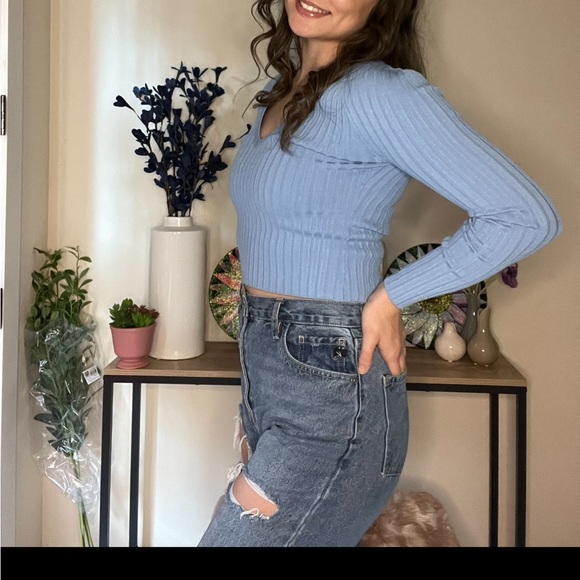 Sweaters | Blue Vneck Long Sleeve Ribbed Sweater | Poshmark
